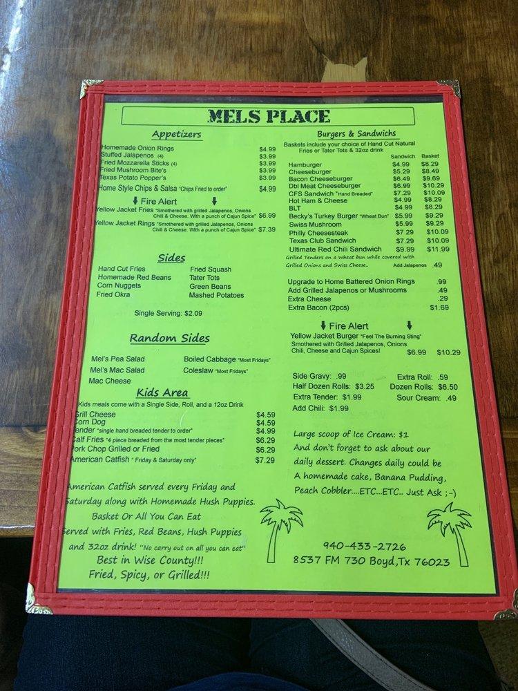 Carta del café Mel's Place, Boyd, Farm to Market Rd 730 N