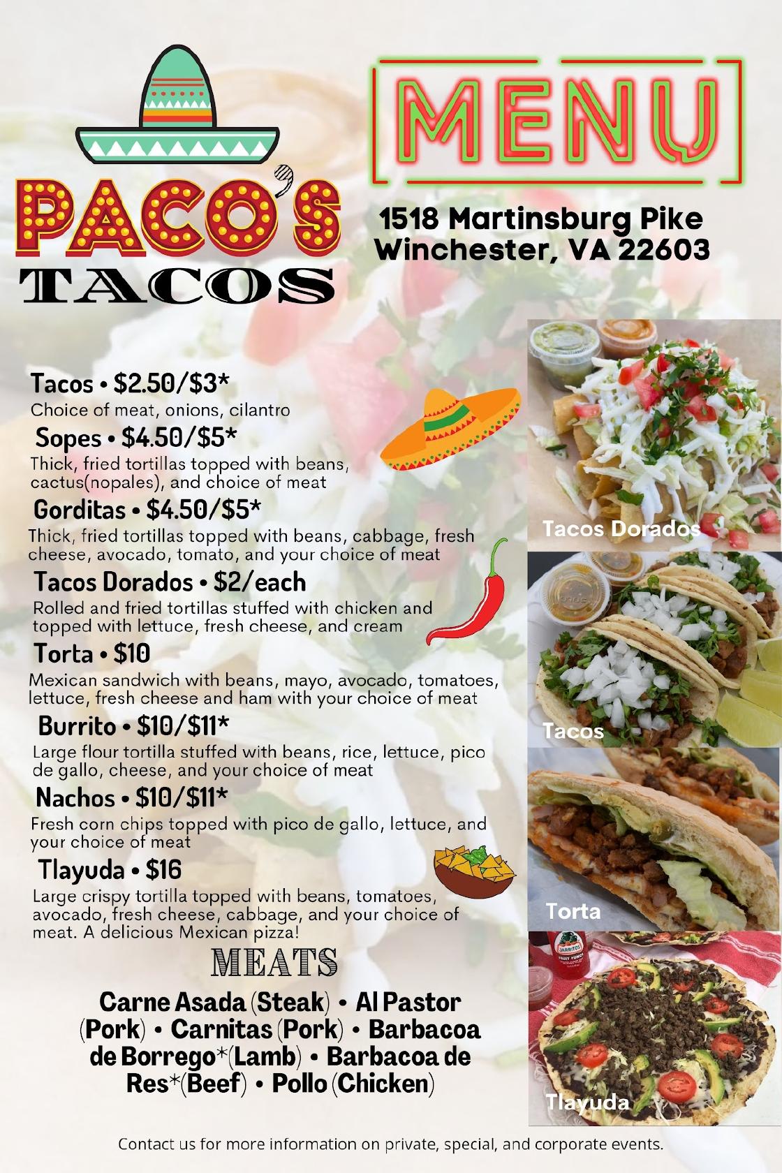 Menu at Paco's Mexi Mart restaurant, Winchester