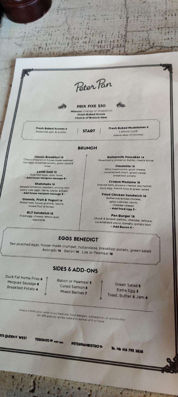 Menu at Peter Pan Bistro restaurant, Toronto