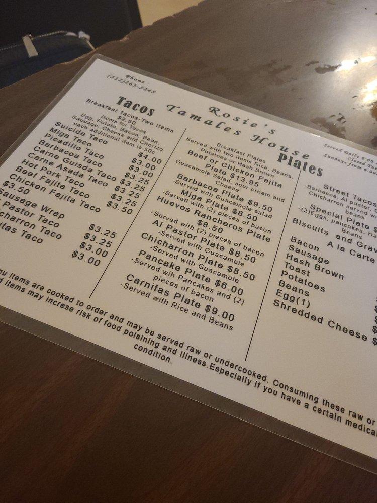 Menu at Rosie's Tamale House restaurant, Bee Cave, State Hwy 71