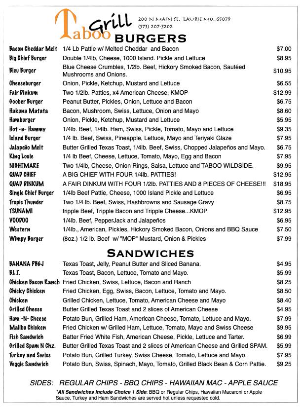 Menu at Taboo Grill Gourmet Burgers and Ice Cream. restaurant, Laurie