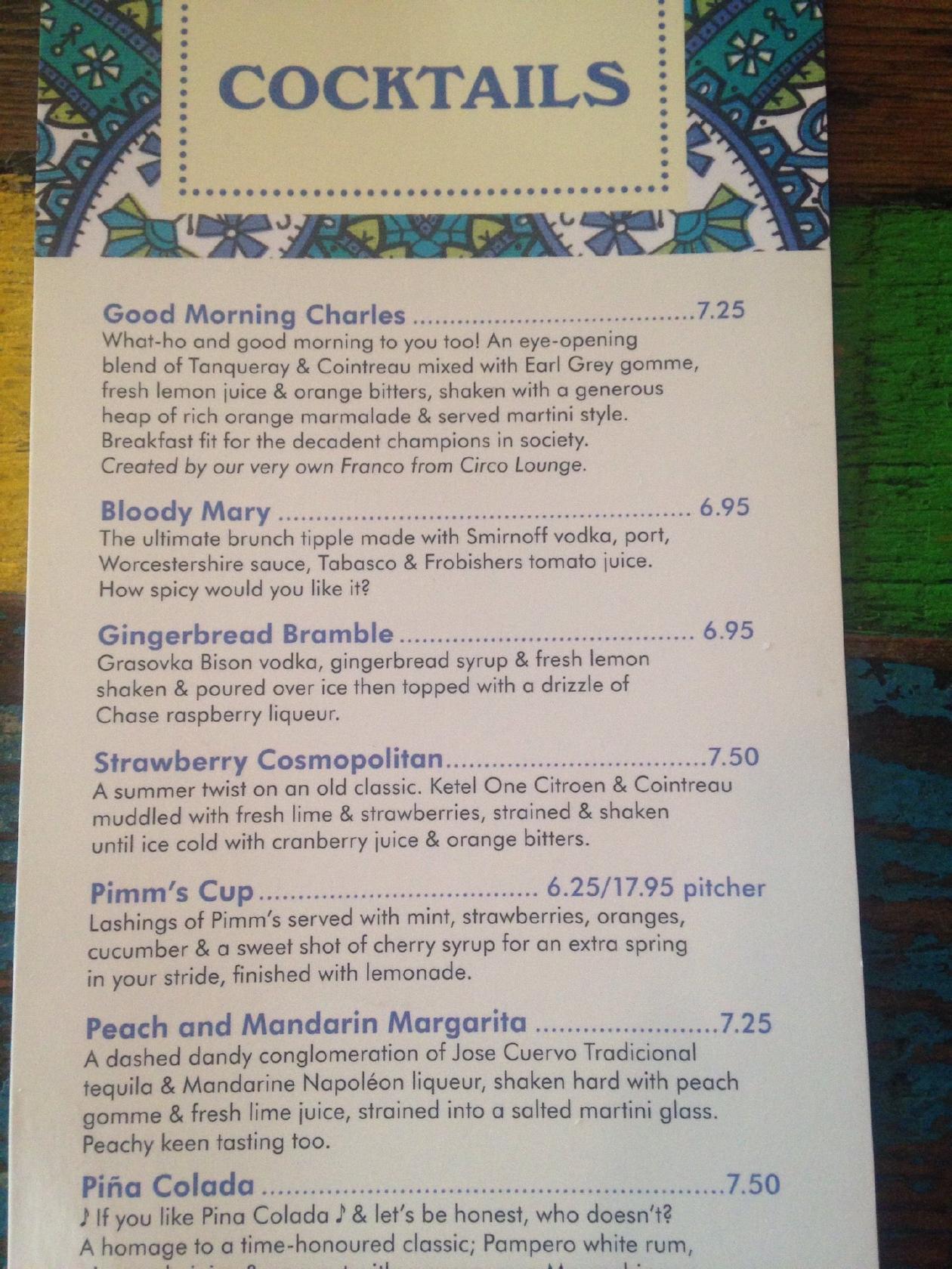 Carta del pub y bar Toro Lounge, Cirencester