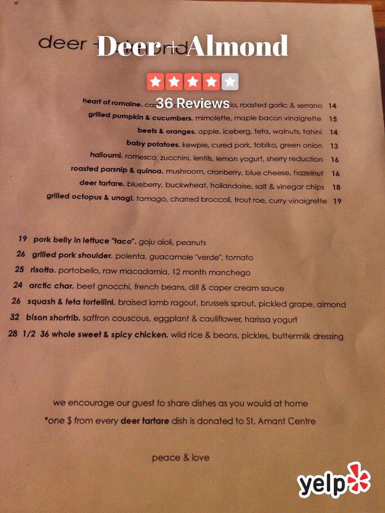 Menu at Deer + Almond pub & bar, Winnipeg