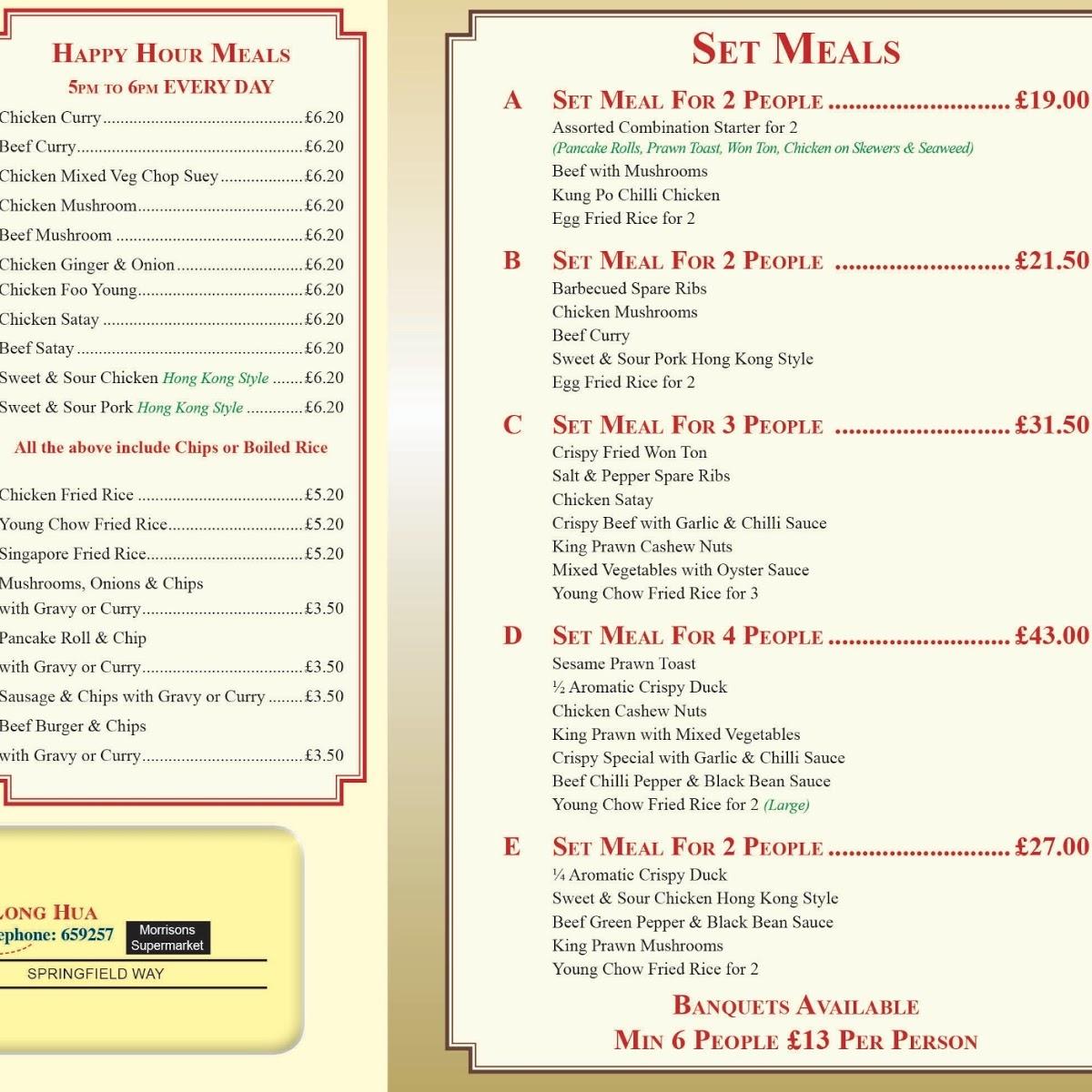 Menu at long hua chinese take away restaurant, Hull