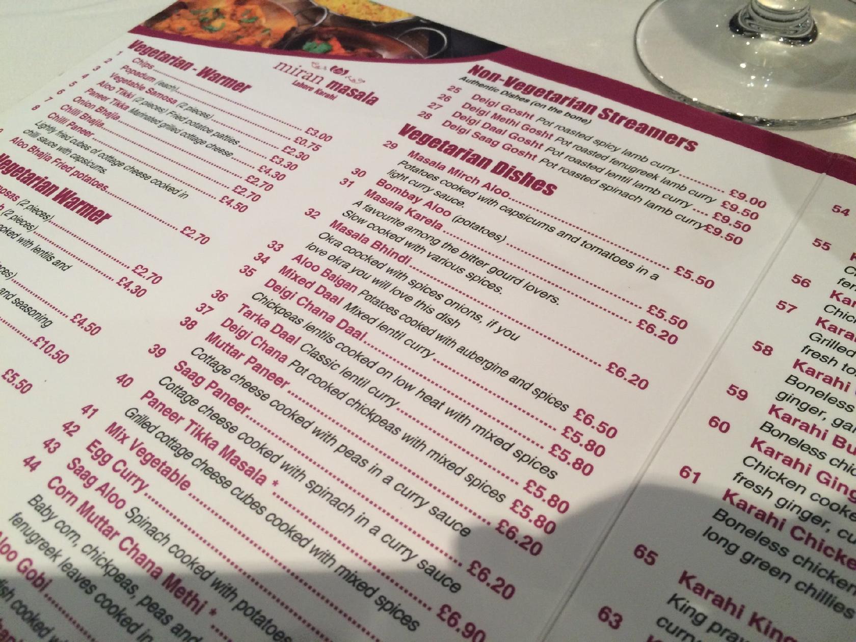 Menu at Miran Masala (Indian/Punjabi/Pakistani/Desi) Kensington Olympia ...