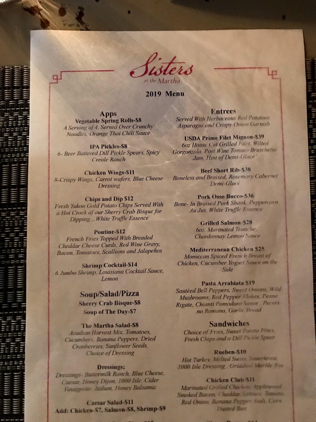 Menu at Sister's American Grill restaurant, Abingdon