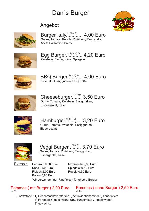 Menu at Dan's Burger restaurant, Stuttgart