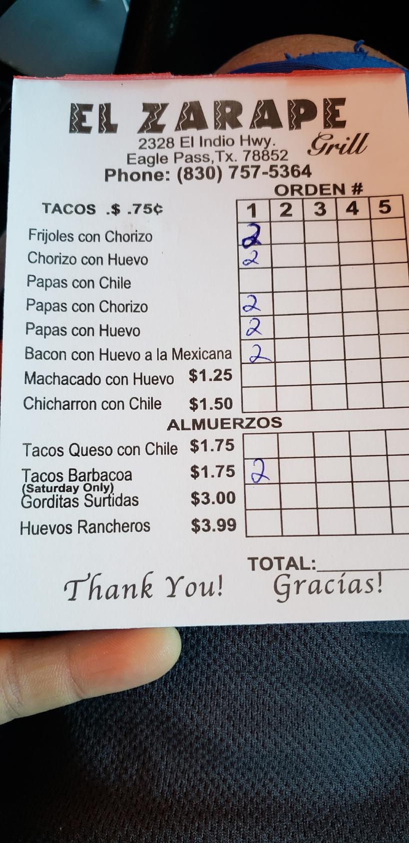 Menu at El Zarape Grill restaurant, Eagle Pass
