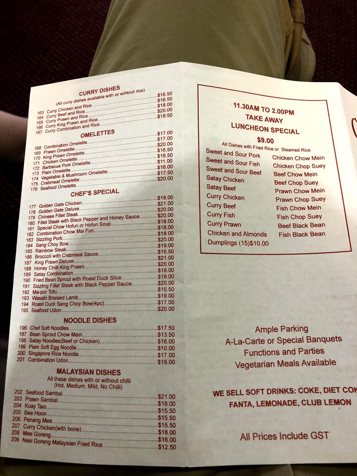 Menu at Golden Gate Chinese Restaurant, Melville