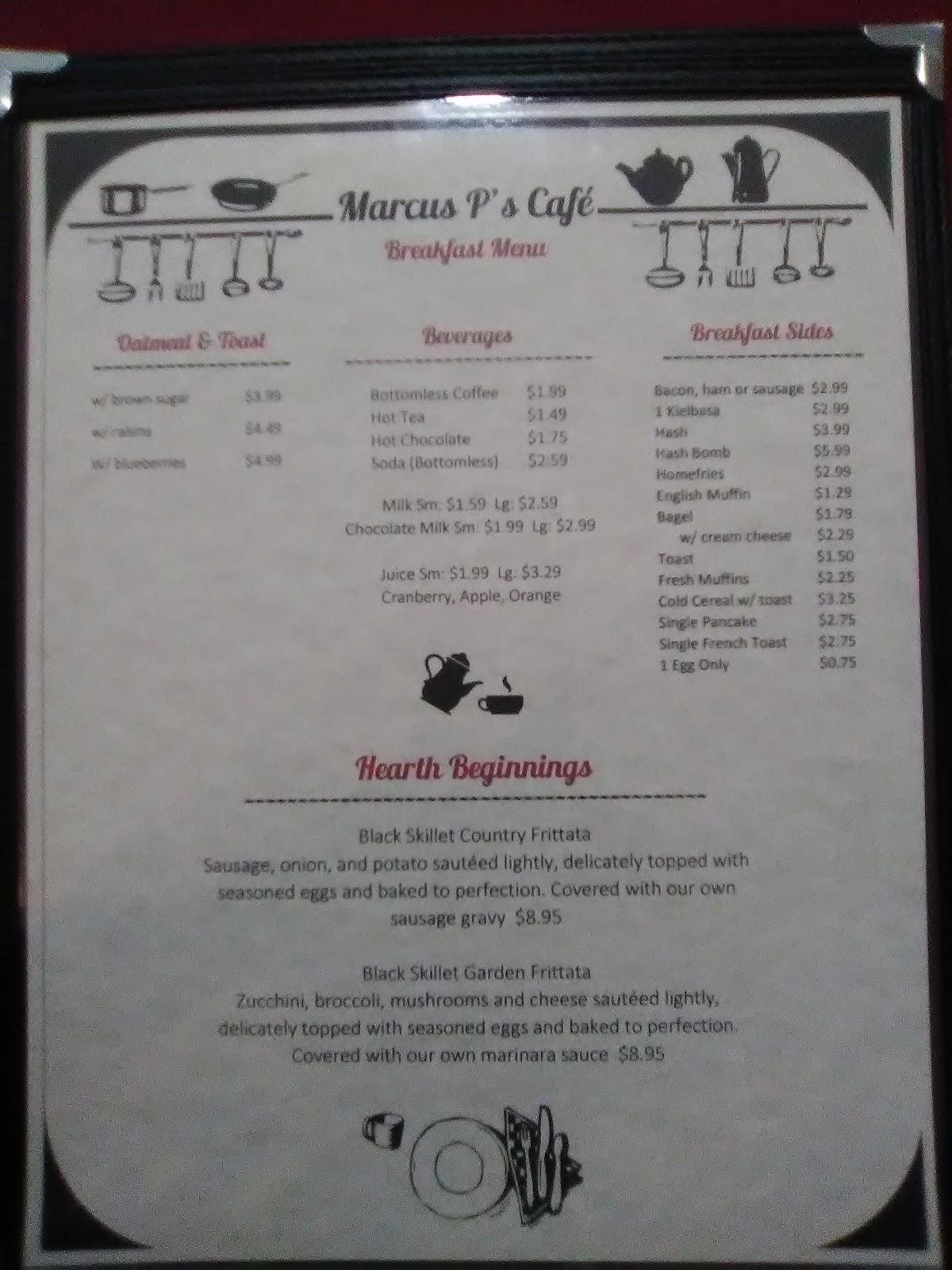 Menu at Marcus P's cafe, Greenville