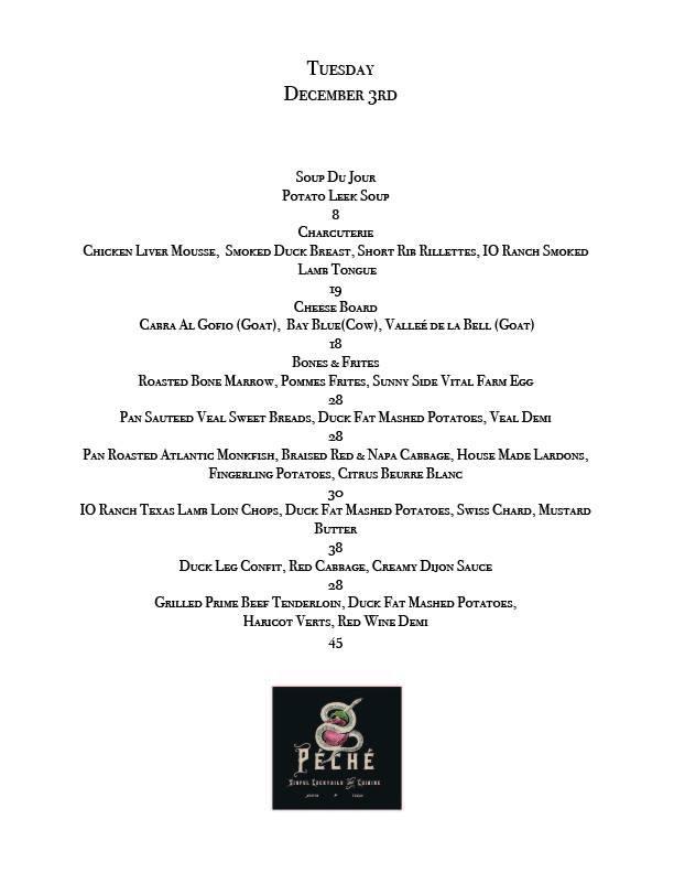 Menu at Péché pub & bar, Austin