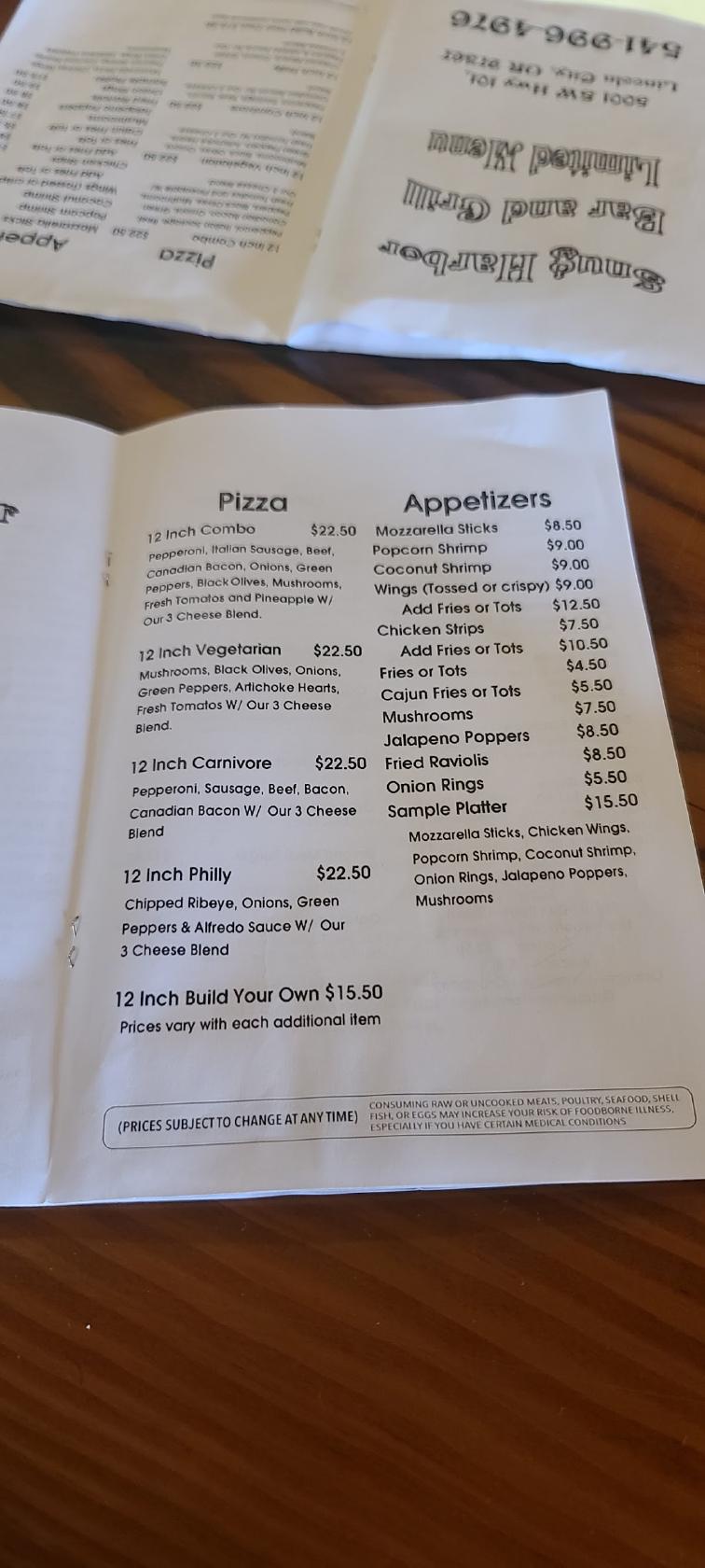 Menu at Snug Harbor Bar and Grill, Lincoln City