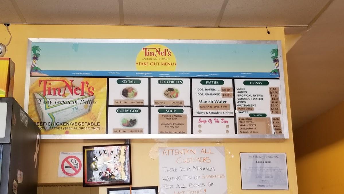 Menu at Tinnel's West Indian Take-Out restaurant, Toronto, Eglinton Ave W