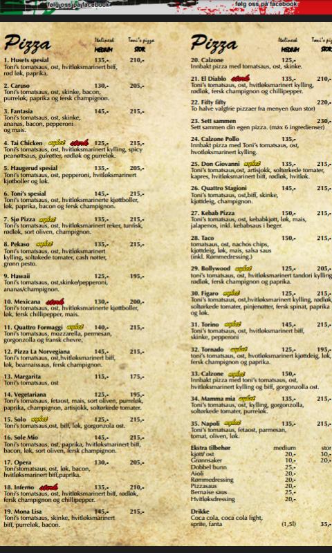 Menu at Toni's Pizza restaurant, Oslo, Haugerudsentret 1