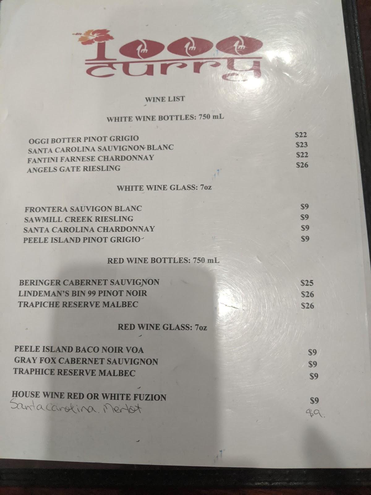 Menu at 1000 Curry restaurant, Gananoque