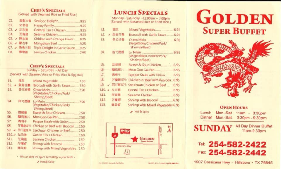 Menu at Golden Buffet restaurant, Hillsboro