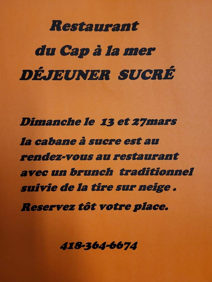 Menu at Restaurant du Cap à la Mer, Carleton-sur-mer, 597 Bd Perron