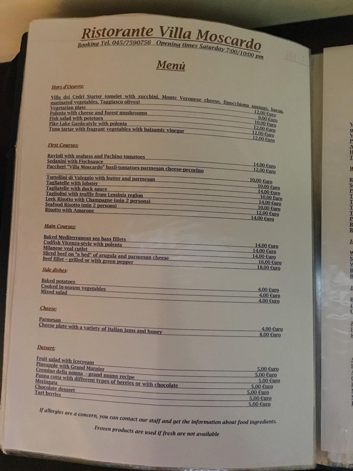 Menu da Ristorante Villa Moscardo, Colà