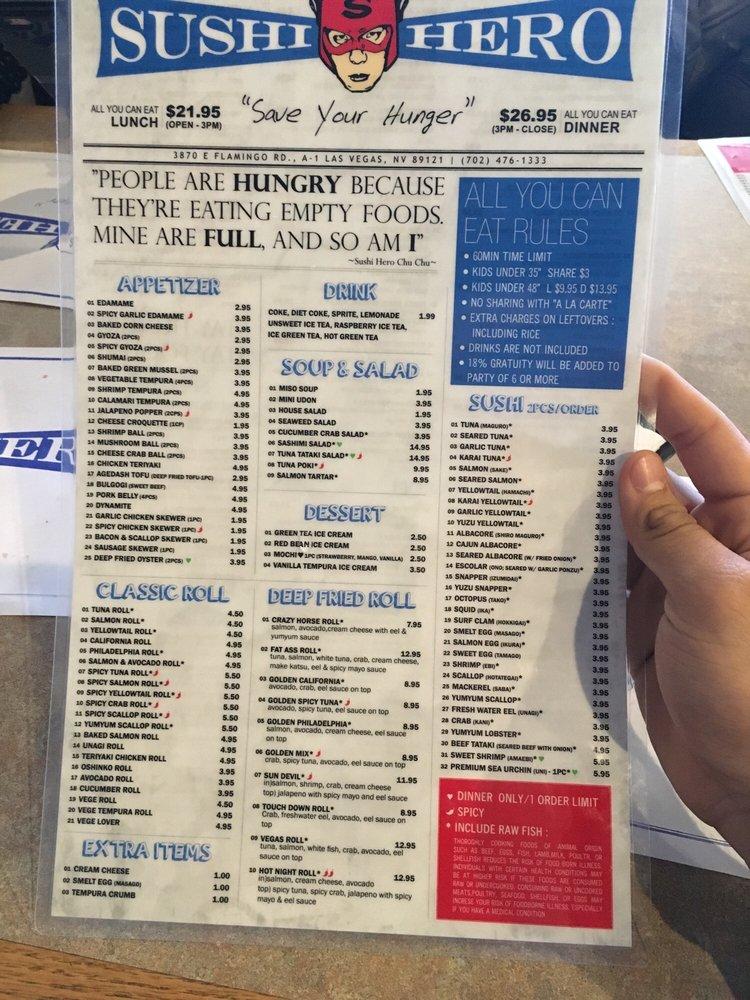 Menu at Sushi Hero restaurant, Las Vegas