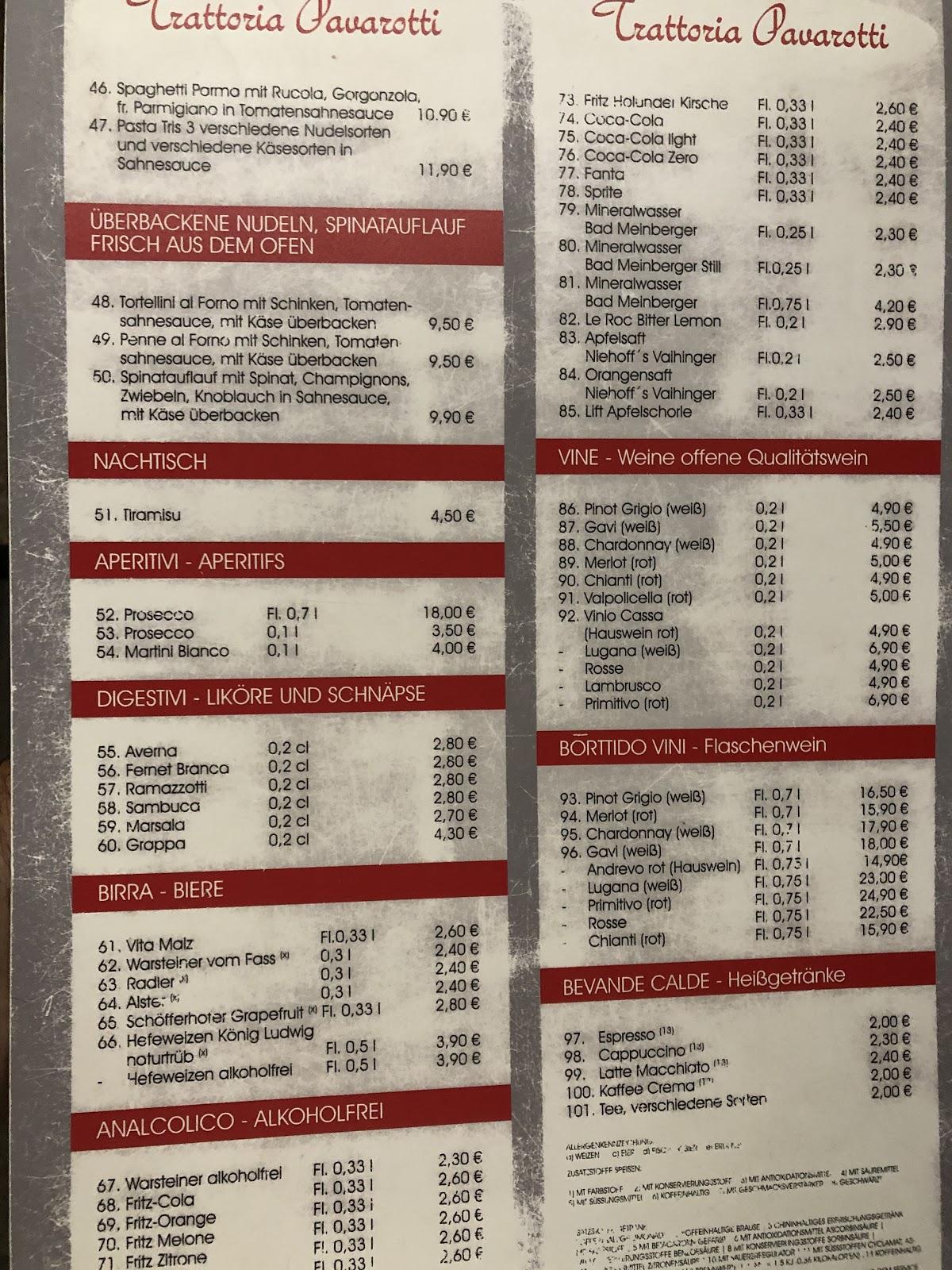 Speisekarte von Trattoria Pavarotti pizza, Witten