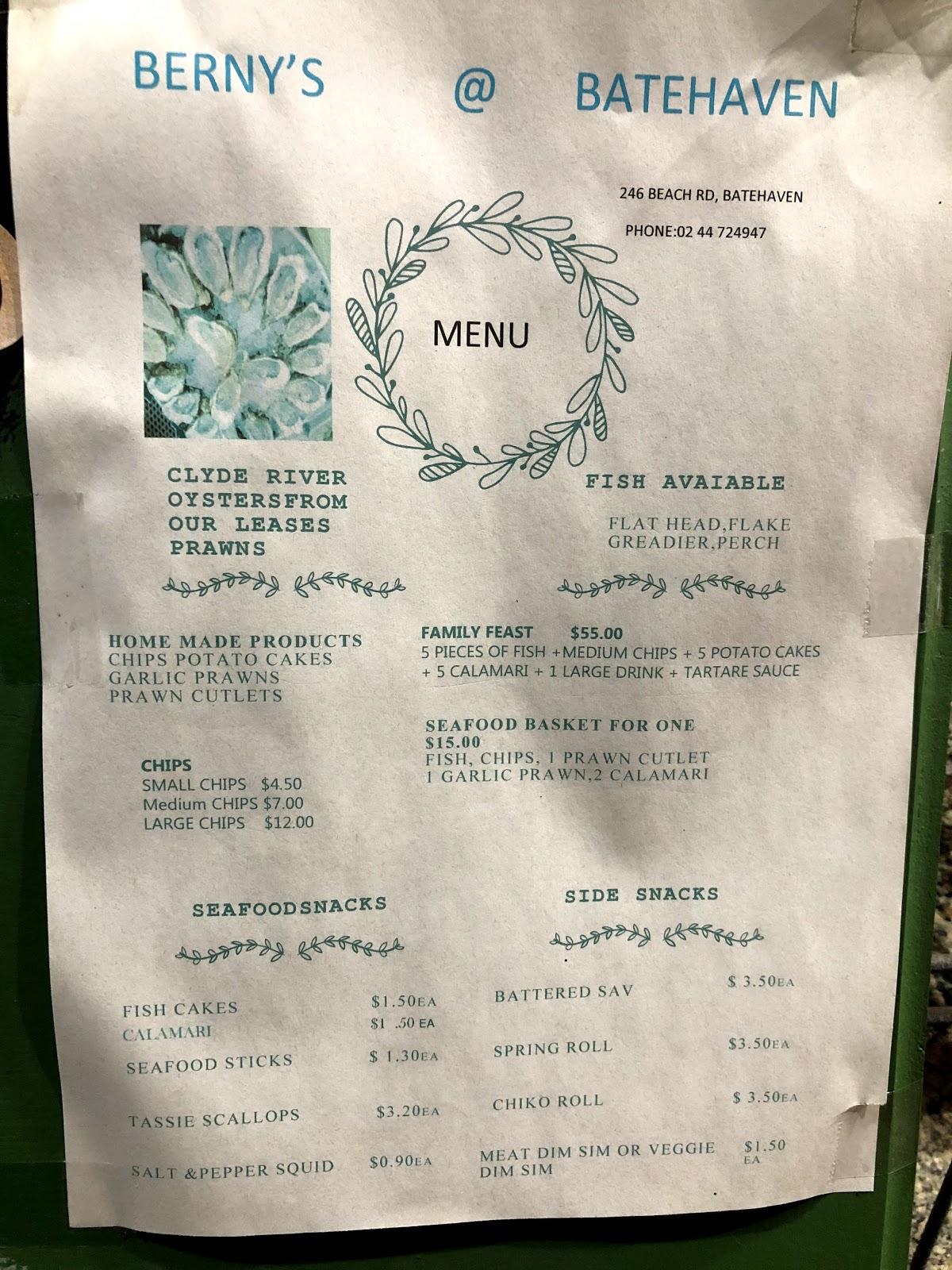 Menu at Bernys at Batehaven fast food, Batehaven