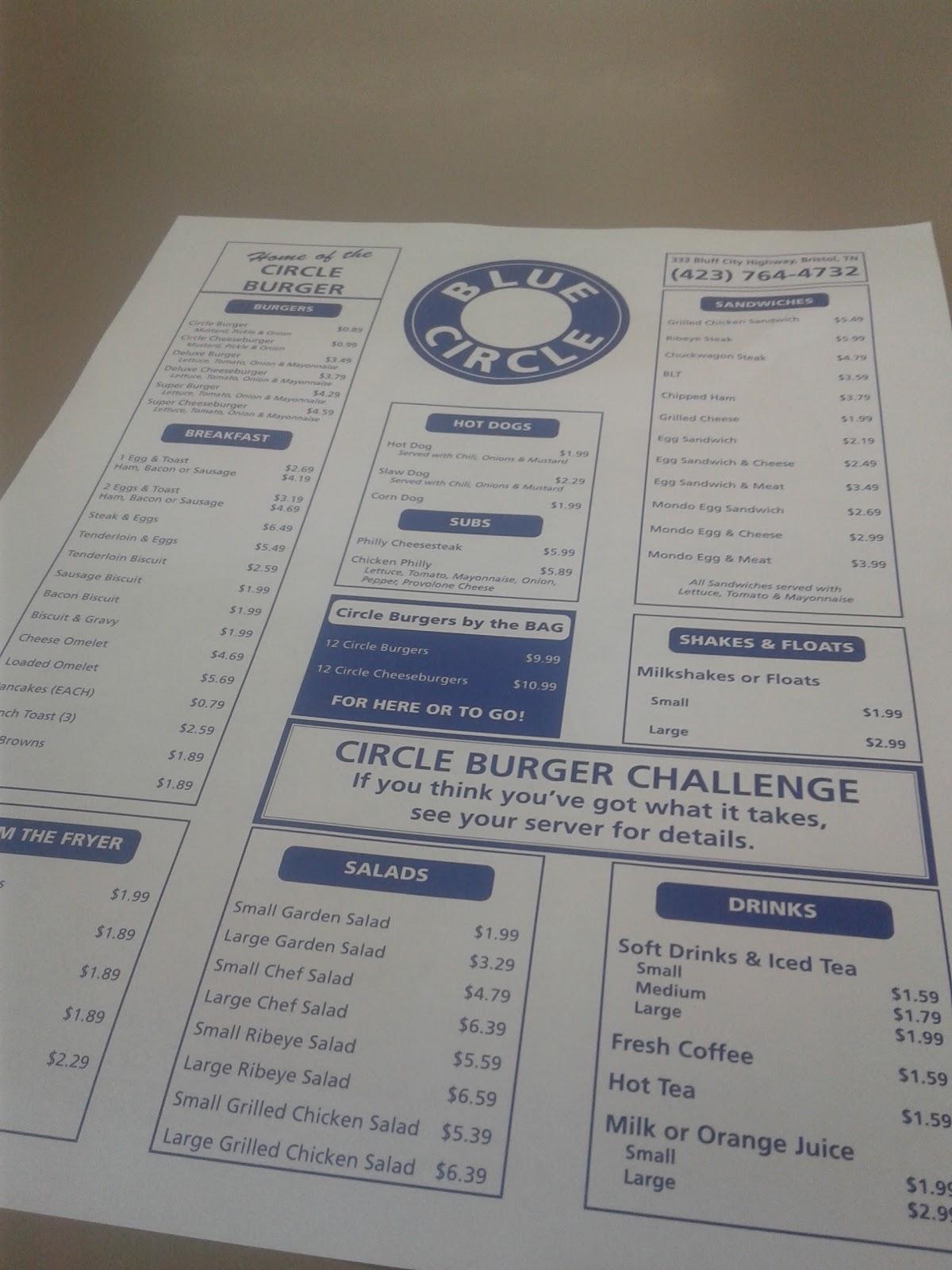 Menu at Blue Circle restaurant, Bristol, 333 Bluff City Hwy