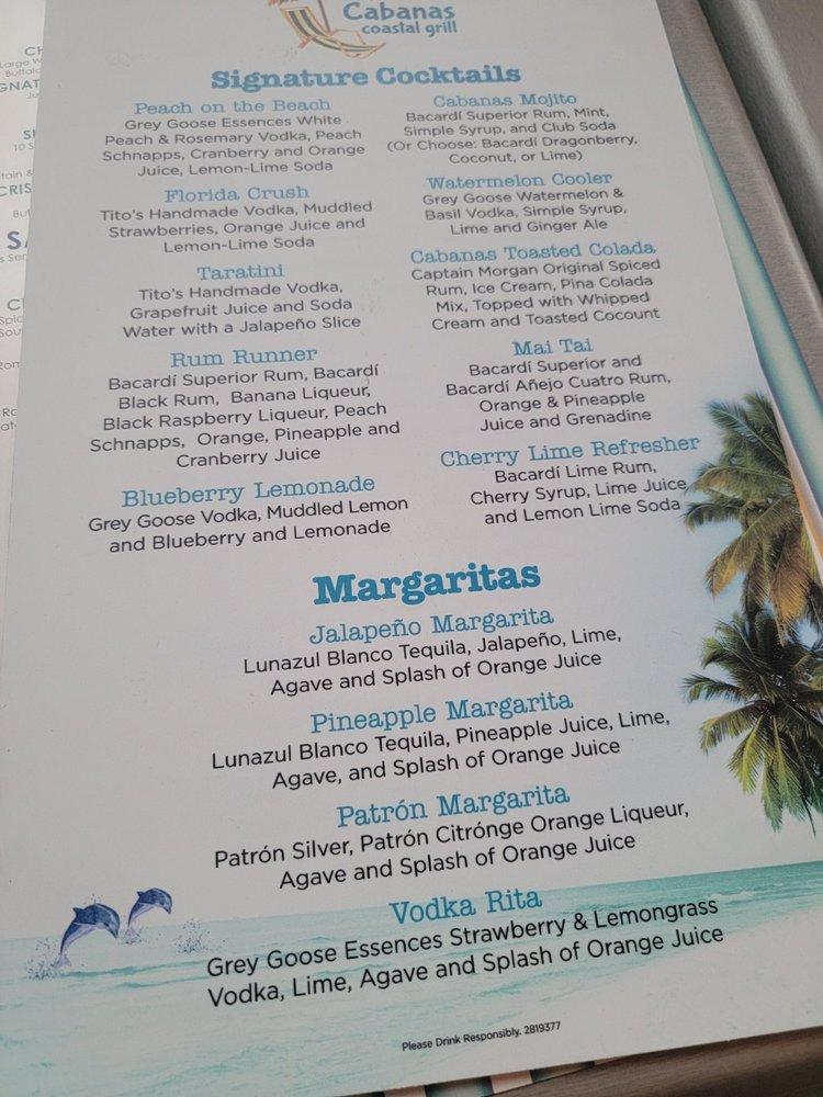 Menu at Cabanas Coastal Grill restaurant, Clearwater
