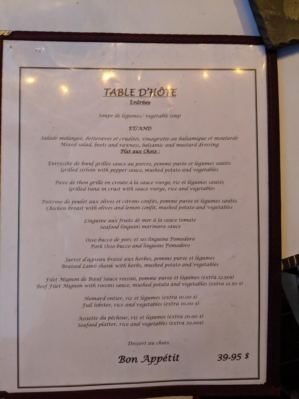 Menu at Chez Éric restaurant, Montréal