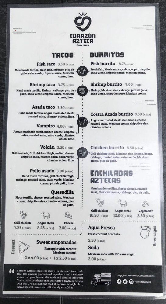 Menu at Corazon Azteca restaurant, Kirkland, NE 85th St p1
