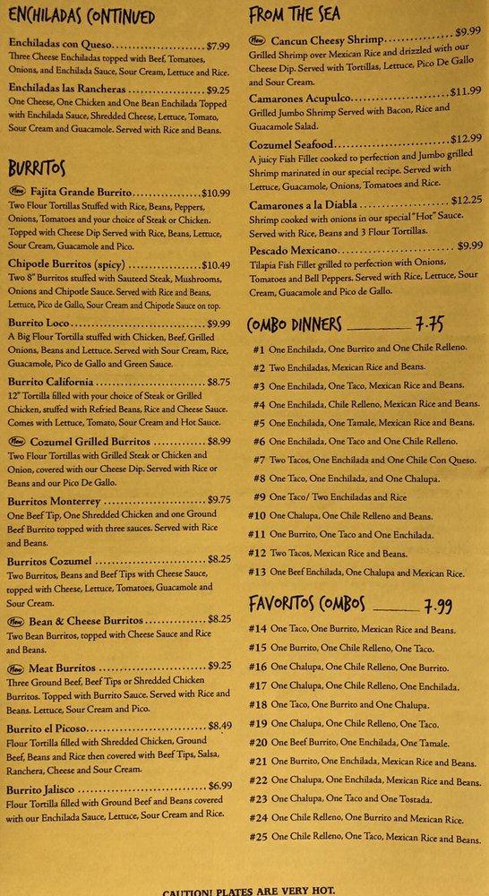 Menu at Cozumel restaurant, Rogersville