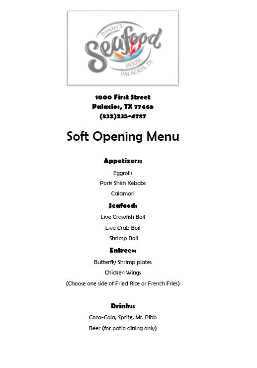 Menu at Danny's Seafood House restaurant, Palacios