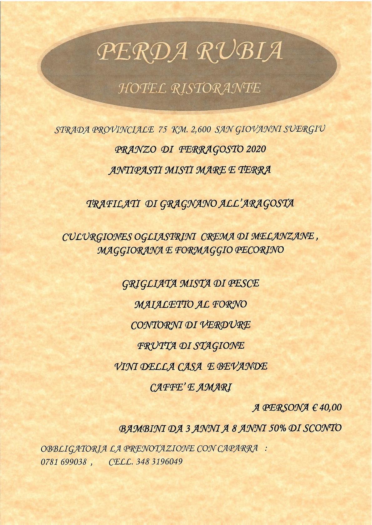 Menu at HOTEL PERDA RUBIA restaurant, San Giovanni Suergiu