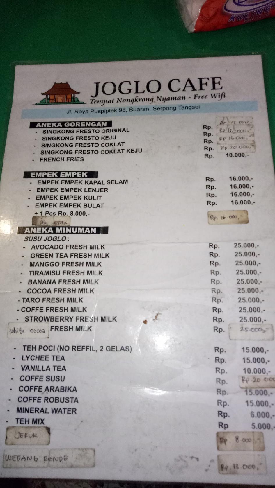 Menu at Joglo Cafe, South Tangerang