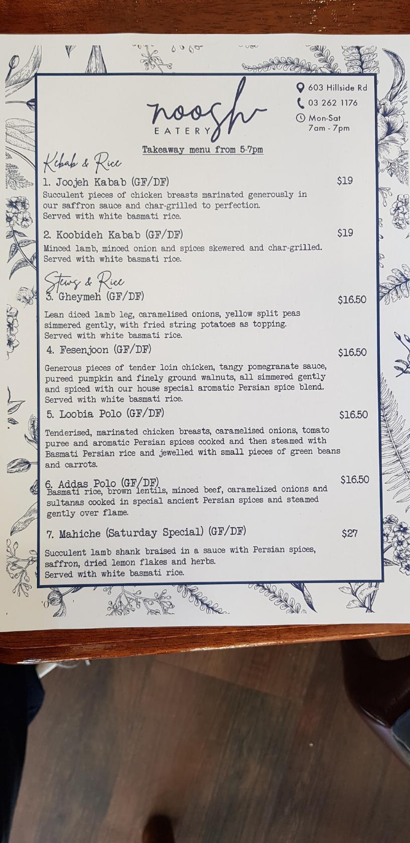 Menu at Noosh Eatery cafe, Dunedin