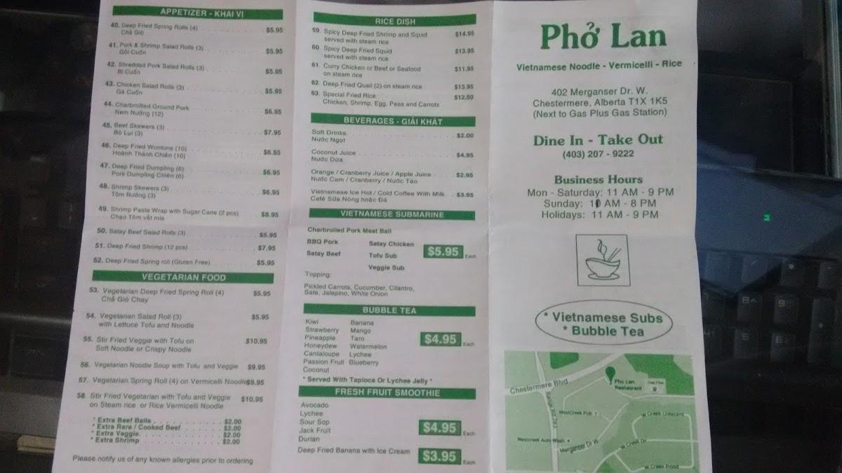 Menu at Pho Lan Restaurant, Chestermere