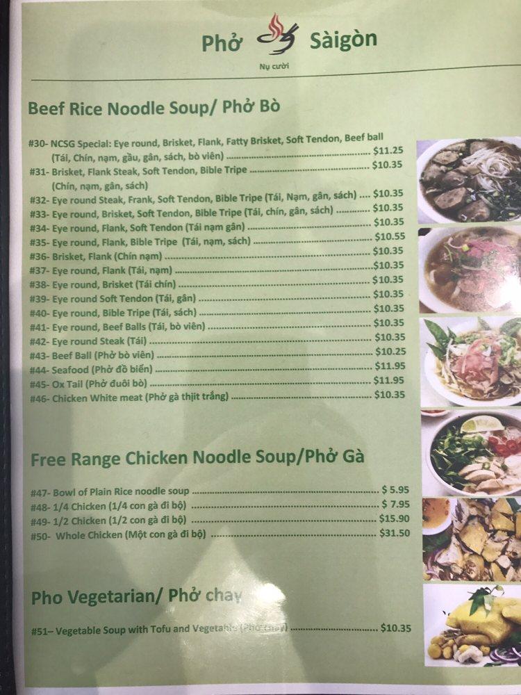 Menu at Pho Saigon 75 restaurant, Fairfax