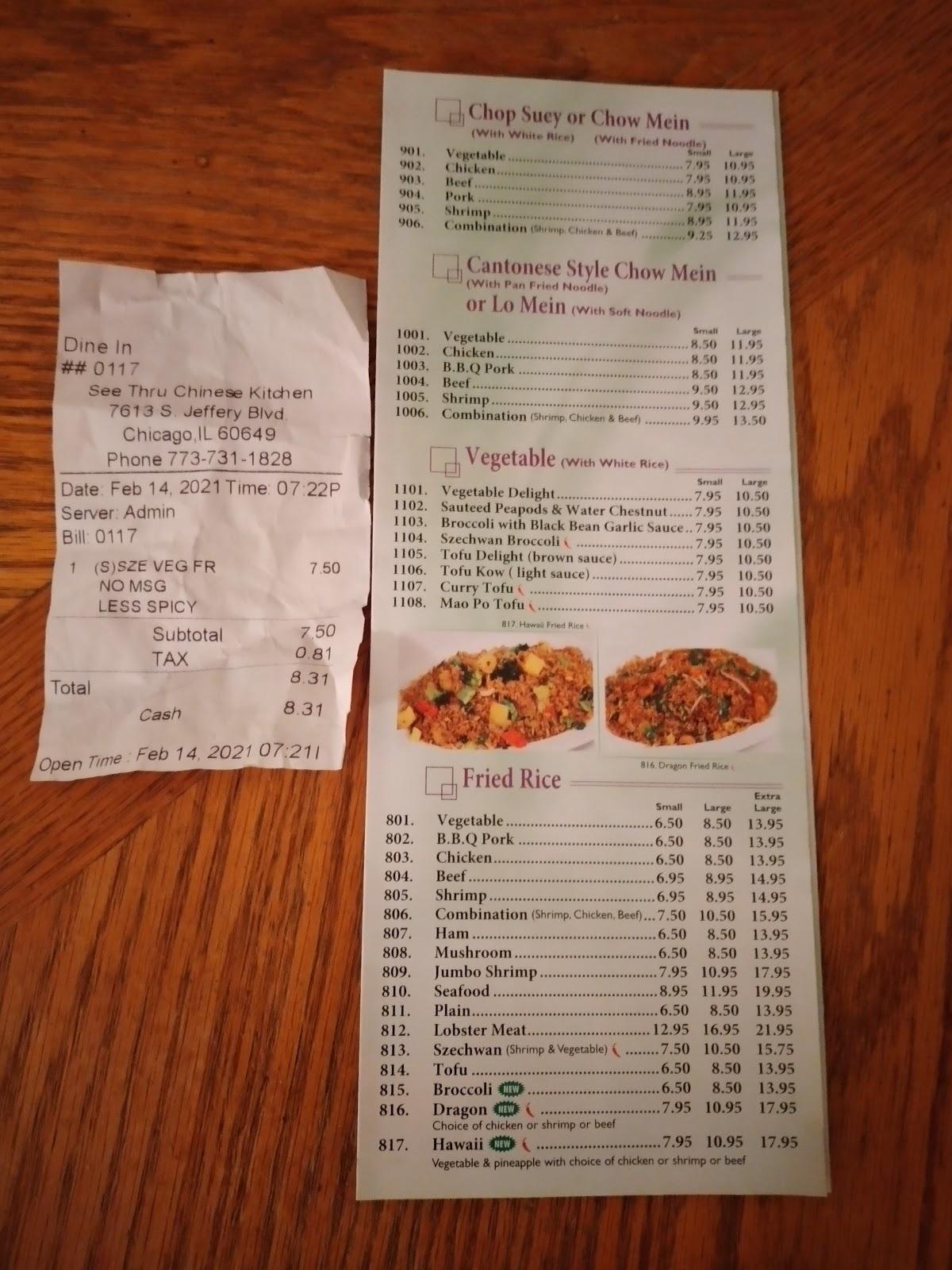 Menu at See Thru Chinese Kitchen restaurant, Chicago, S Jeffery Blvd