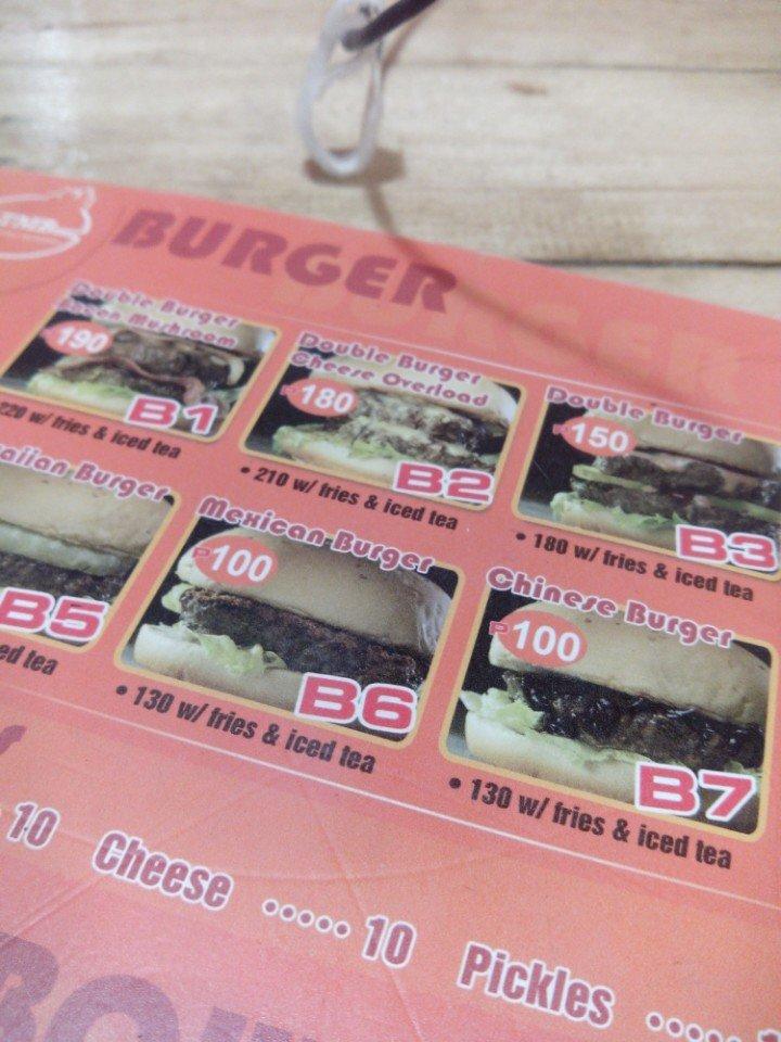 Menu at The Metro Burgers restaurant, Davao City, Juan dela Cruz Street