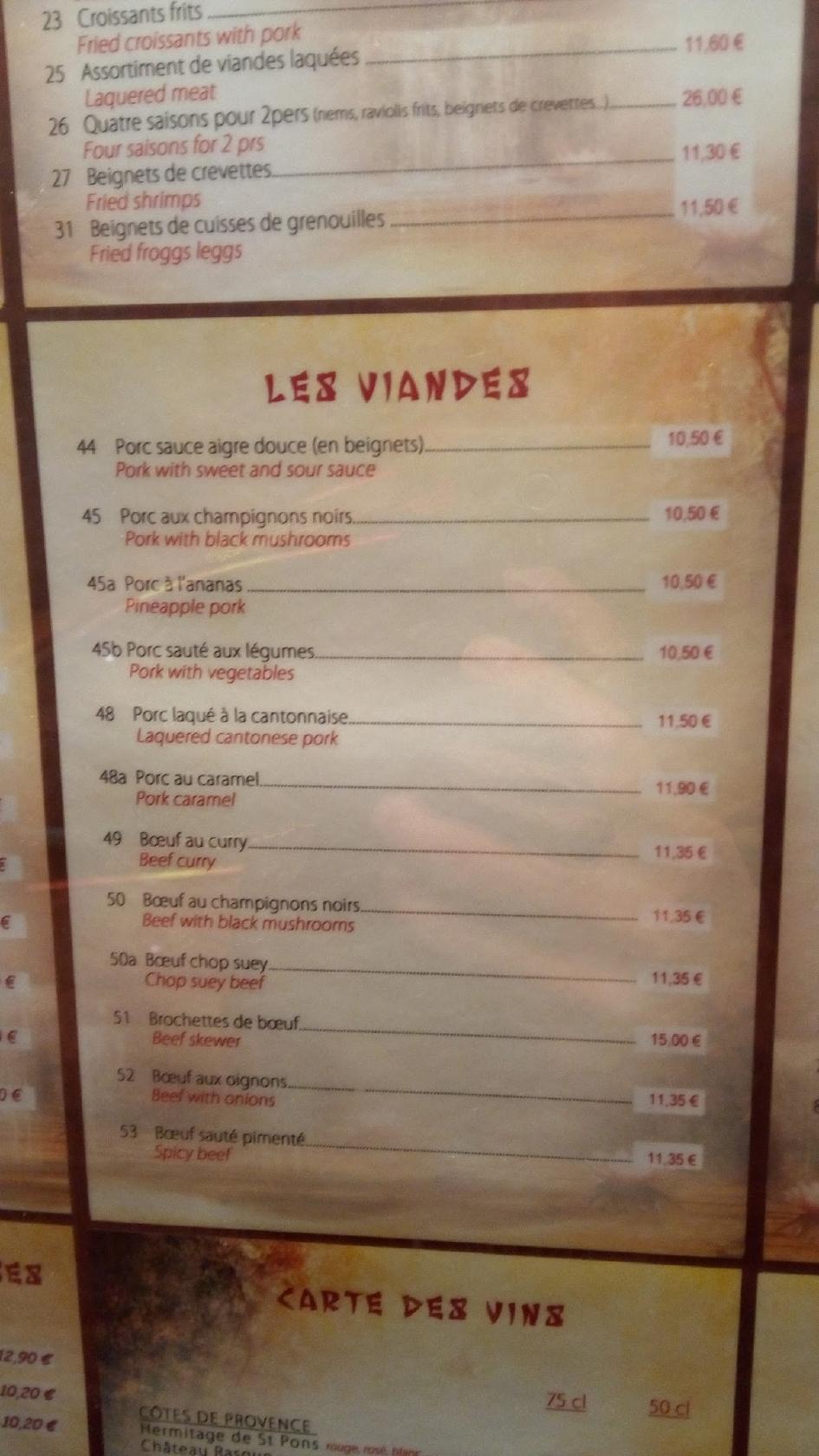 Menu au Hong Yun restaurant, Antibes