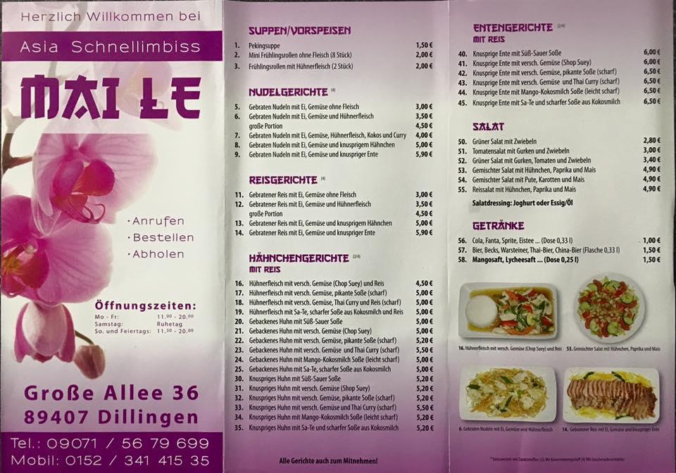 Menu at Mai Le Asia Schnellimbiss restaurant, Dillingen