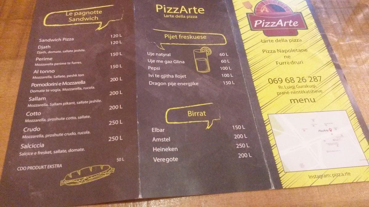 Menu at Pizzarte restaurant, Tirana