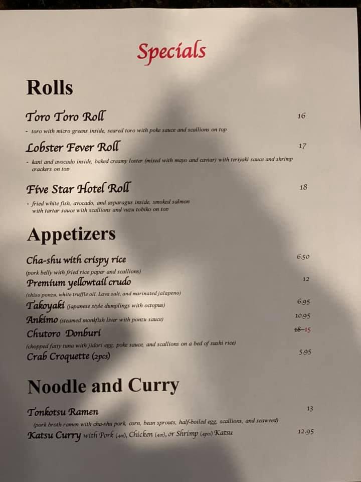 Menu at Ariake Japanese Restaurant, Fairfax