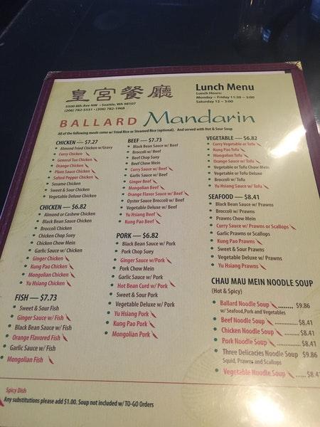 Menu at Ballard Mandarin Chinese Restaurant, Seattle