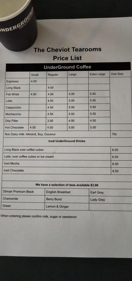 Menu at Cheviot Tearooms cafe, Cheviot