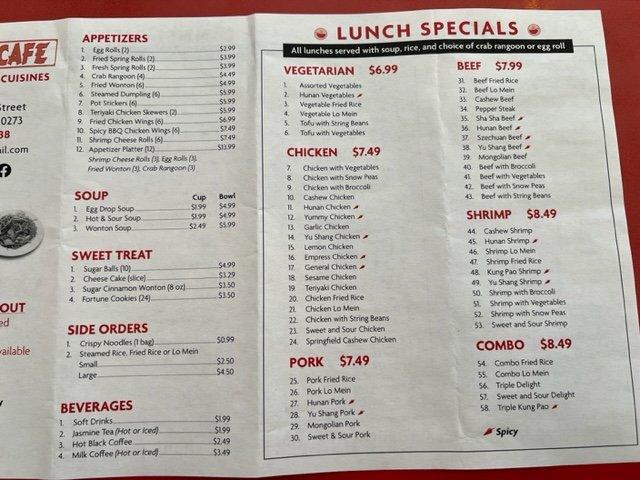 Menu at China Cafe, Winterset, 71 E Jefferson St