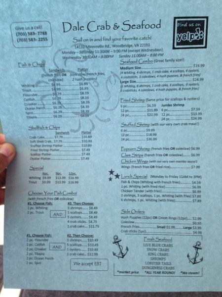Menu at Dale Seafood restaurant, Dale City
