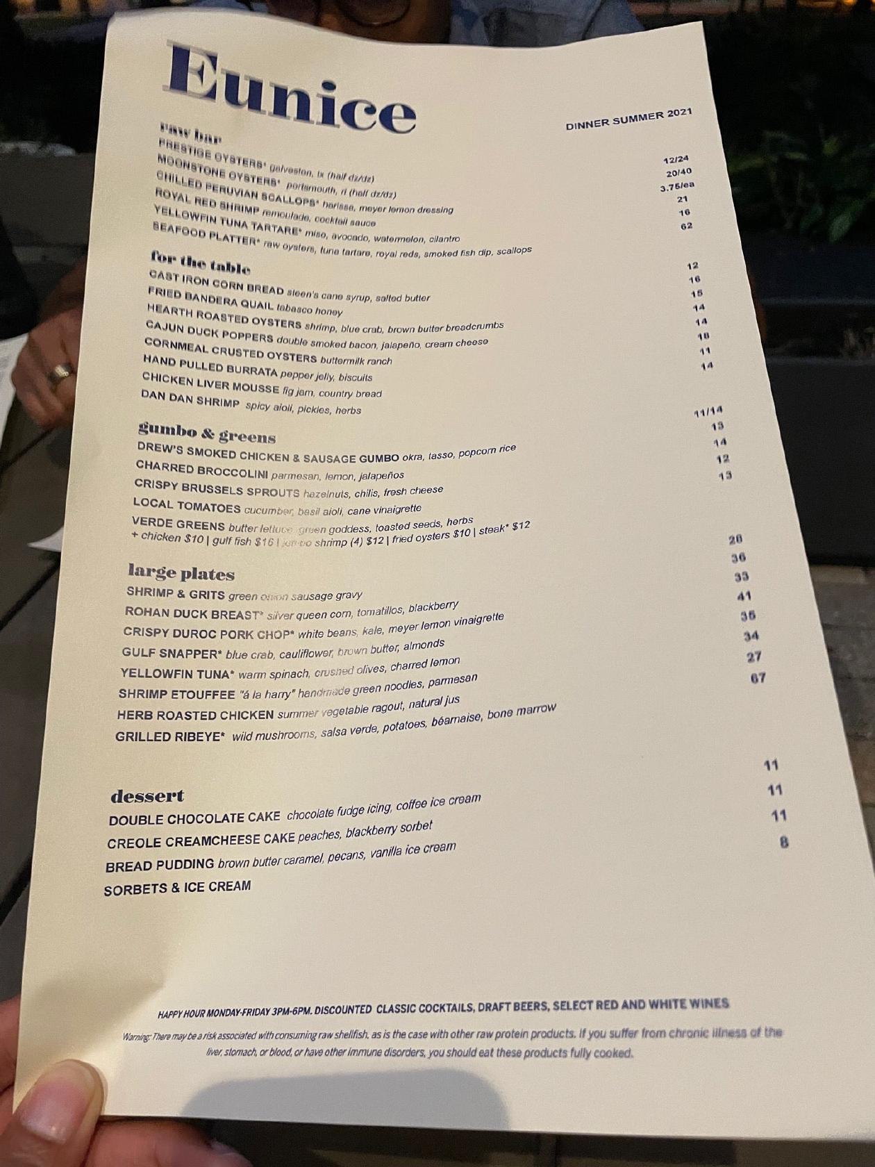 Menu at Eunice restaurant, Houston