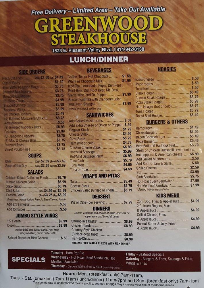 Menu at Greenwood Steakhouse, Altoona
