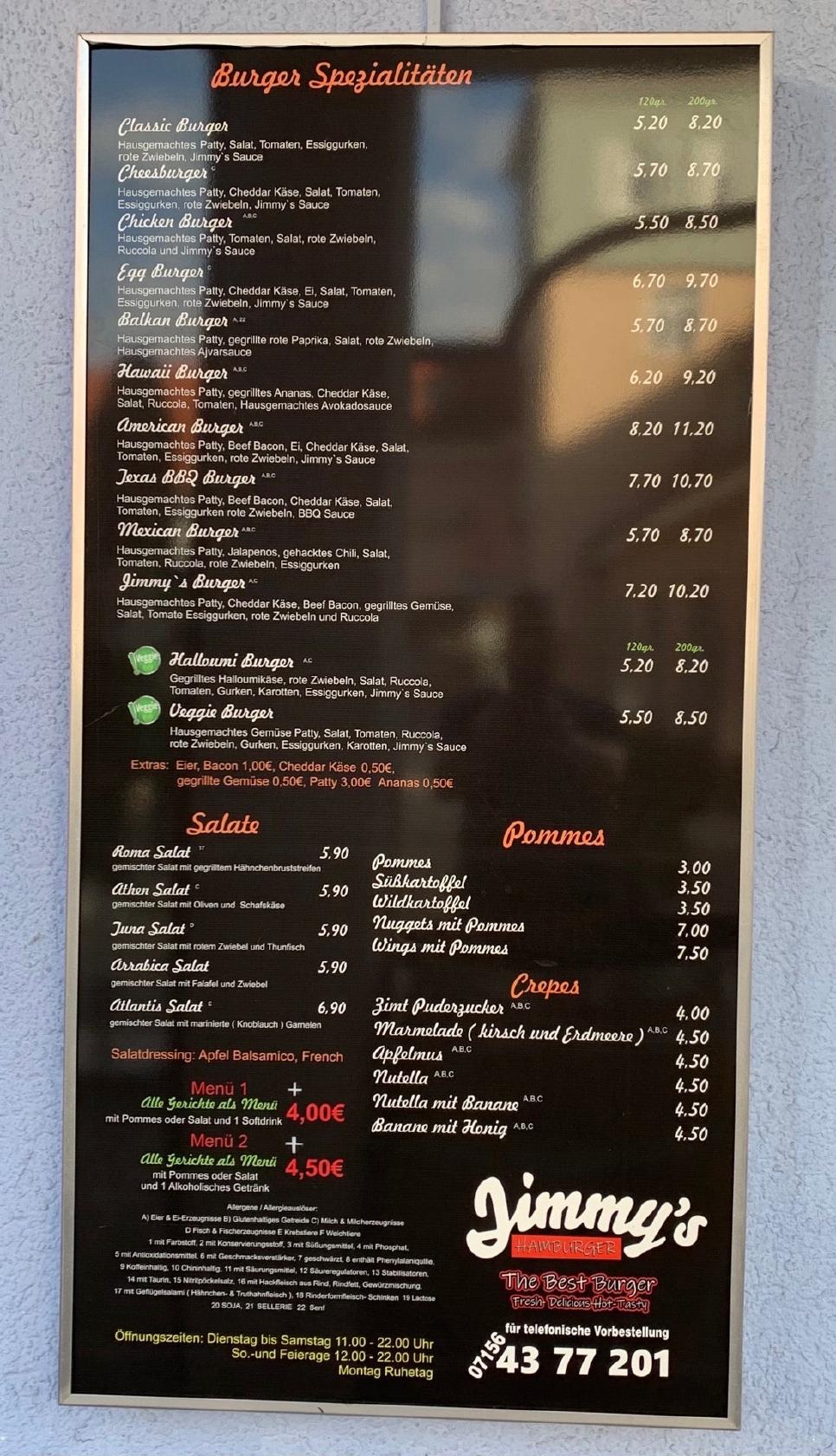 Menu at Jimmy´s Burger restaurant, Gerlingen