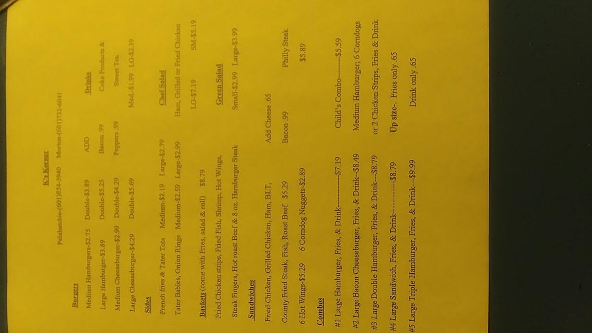 Menu at K's Korner restaurant, Pelahatchie